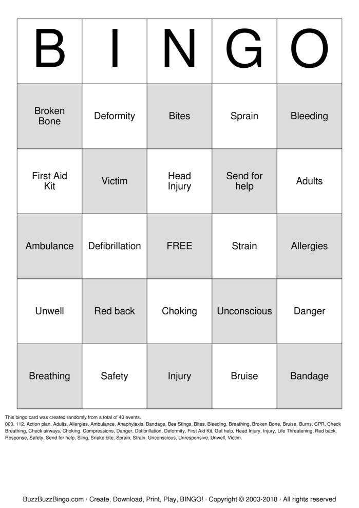 First Aid Bingo Cards to Download, Print and Customize!
