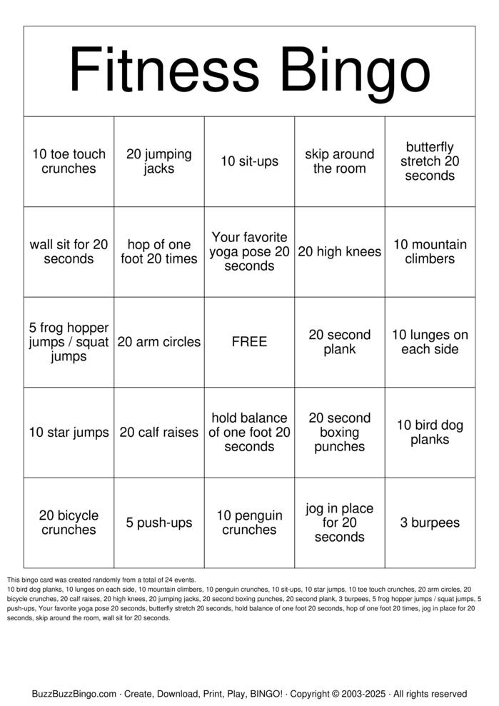 Fitness Bingo Bingo Cards to Download, Print and Customize!