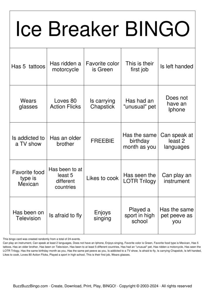 Icebreaker Bingo Printable