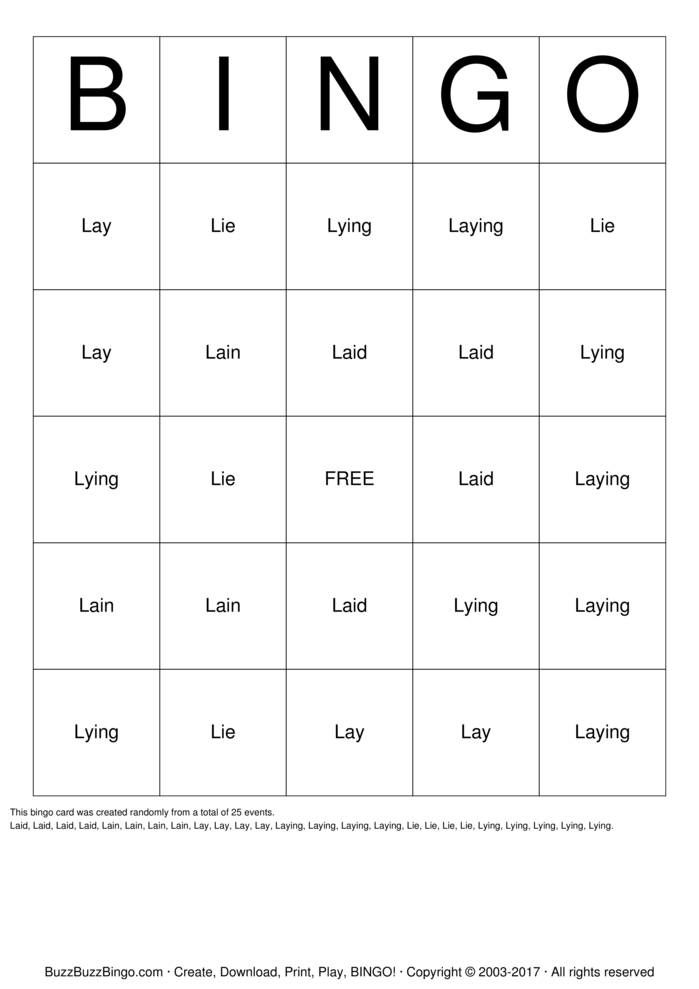 Lie/Lay/Lain Bingo Cards to Download, Print and Customize!