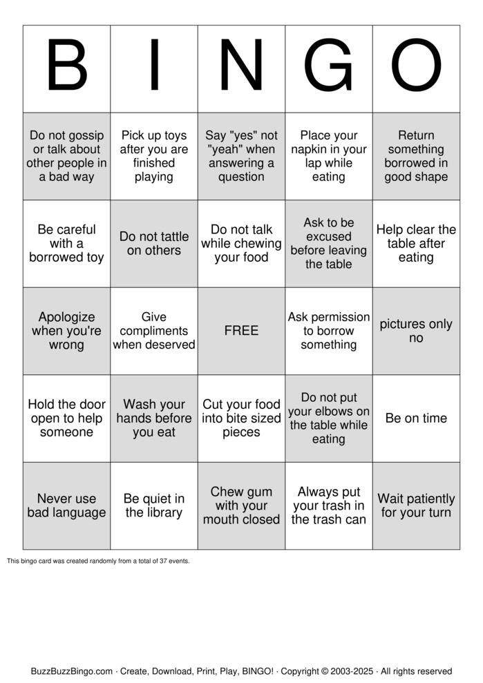 Manners Bingo Cards to Download, Print and Customize!