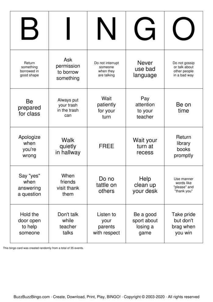 Manners Bingo Cards to Download, Print and Customize!