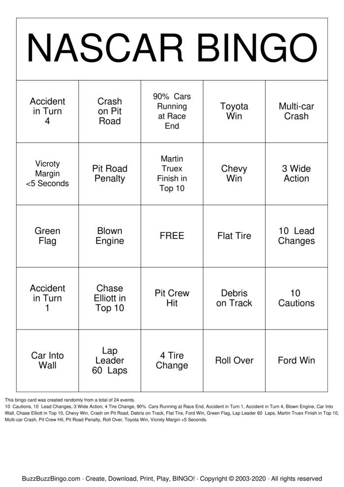 NASCAR Bingo Cards to Download, Print and Customize!