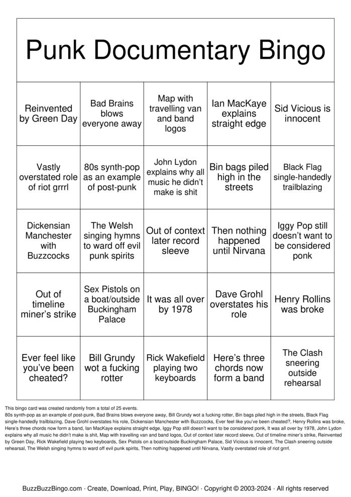 Punk Bingo Cards to Download, Print and Customize!