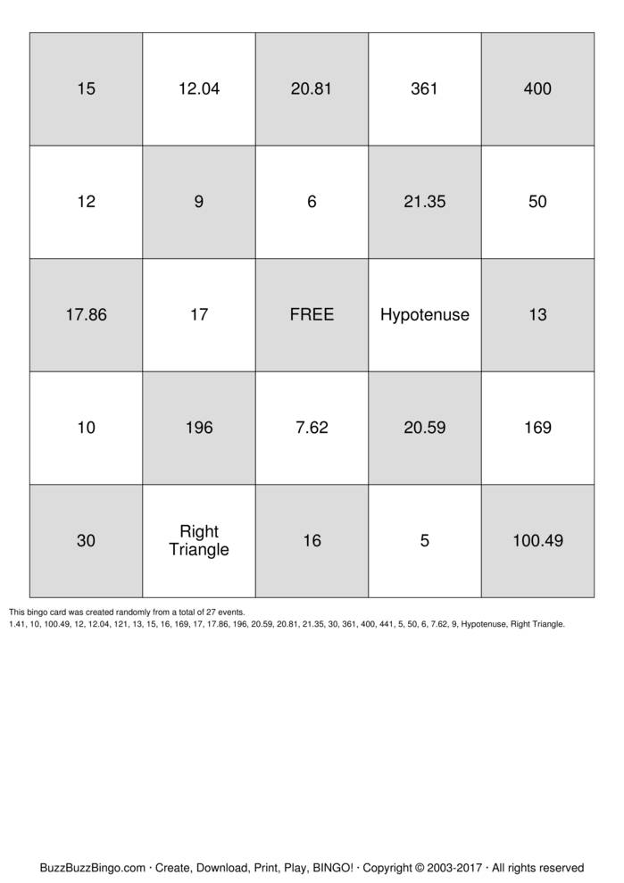 Pythagorean Bingo Bingo Cards to Download, Print and Customize!