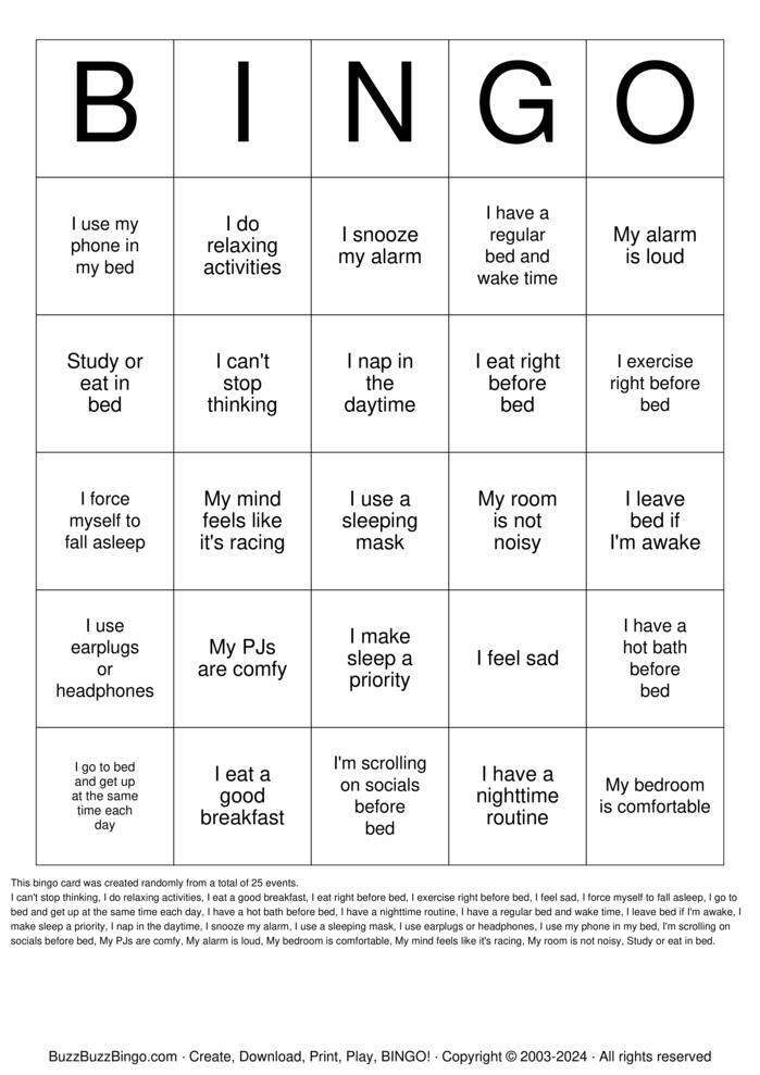 Sleep Hygiene BINGO Bingo Cards to Download, Print and Customize!