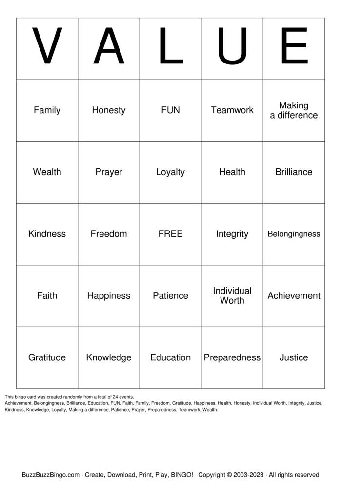 VALUES Bingo Cards to Download, Print and Customize!