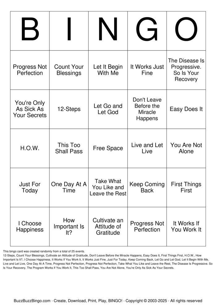 12-Step Slogans Bingo Cards to Download, Print and Customize!