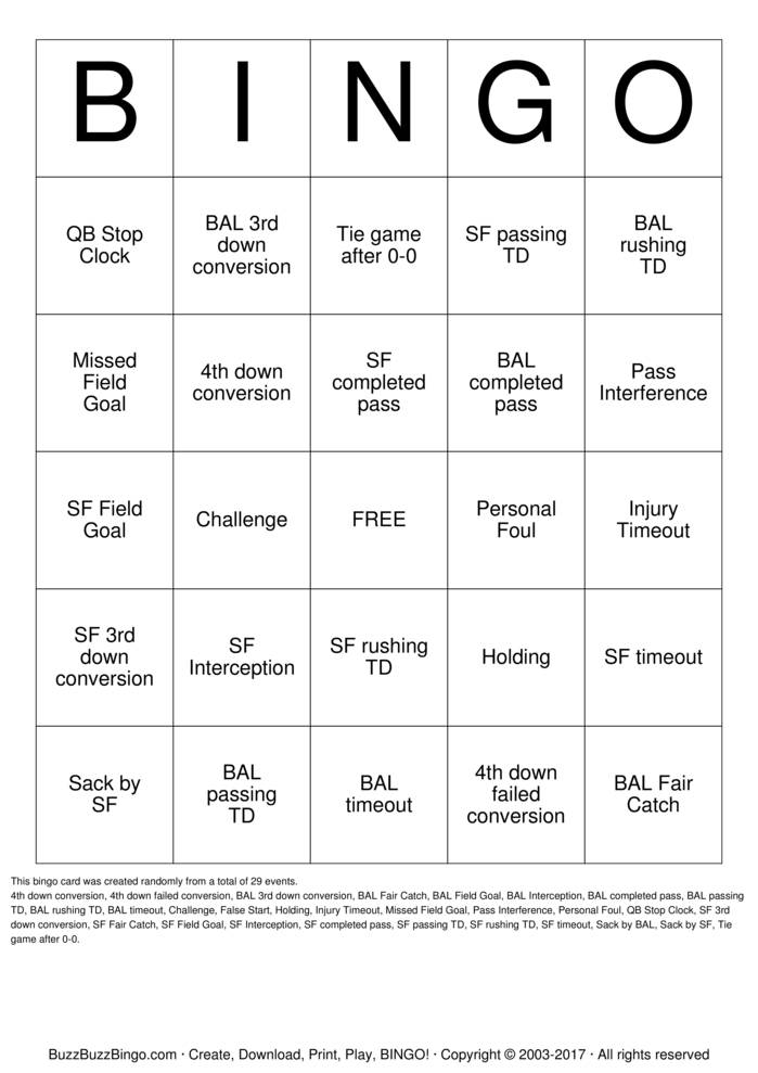 2013 Superbowl BAL vs SF Bingo Cards to Download, Print and Customize!