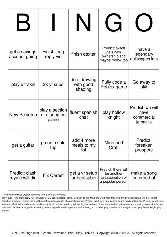 5x5 Bingo Cards to Download, Print and Customize!