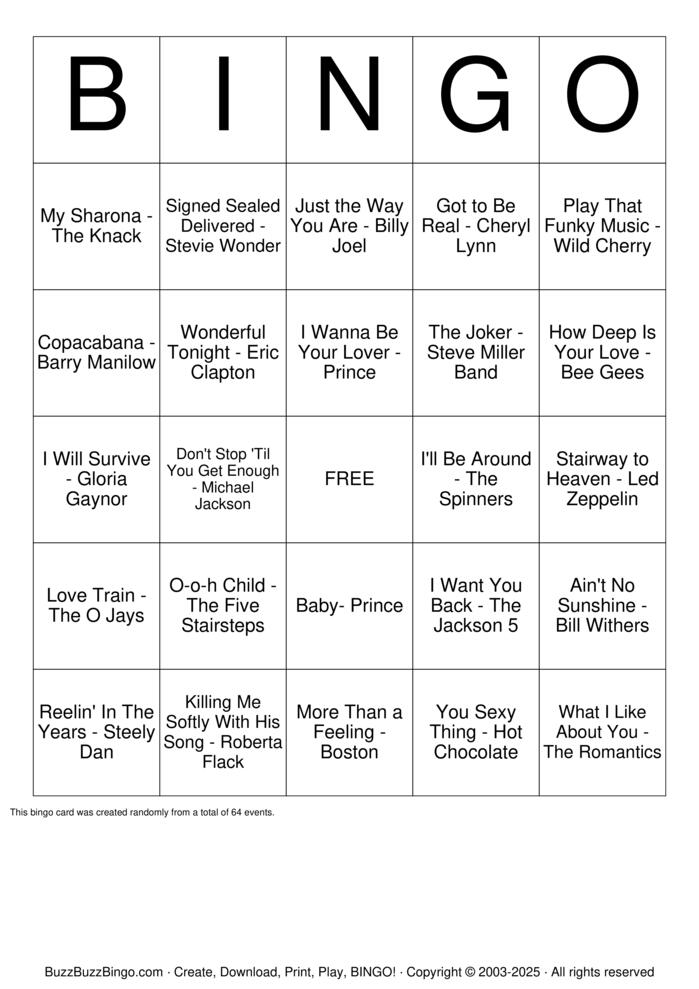 70s Music Bingo Cards to Download, Print and Customize!