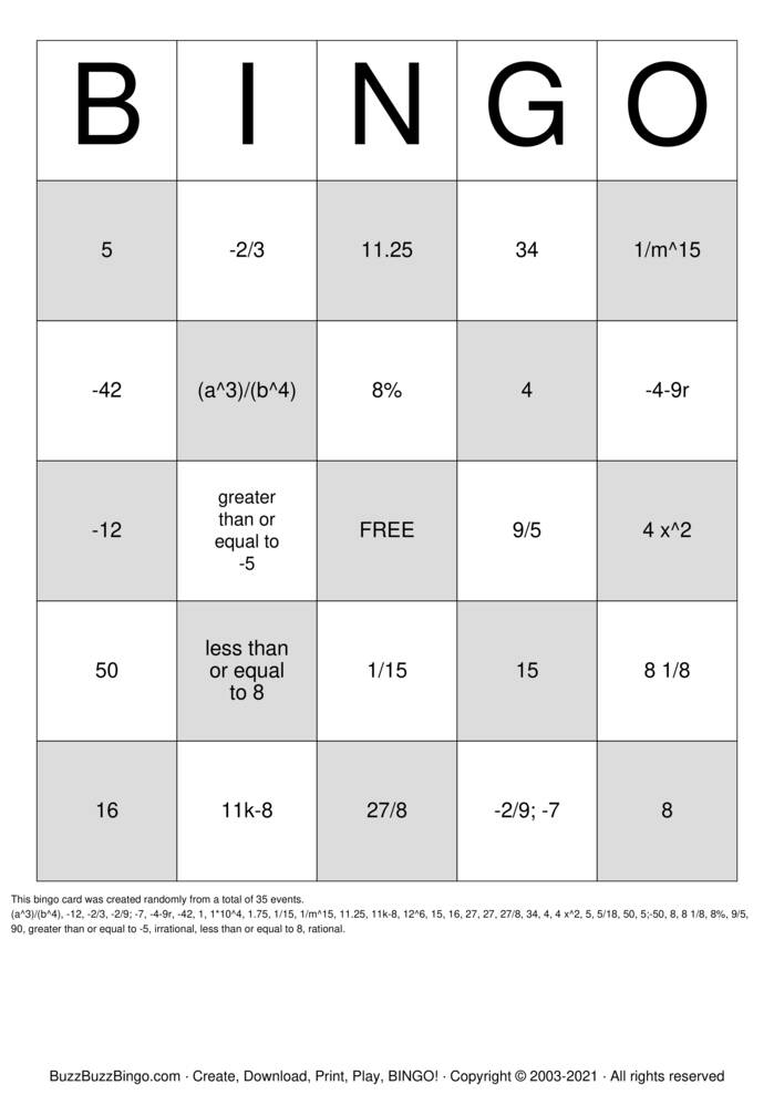 7th grade Math Bingo Cards to Download, Print and Customize!