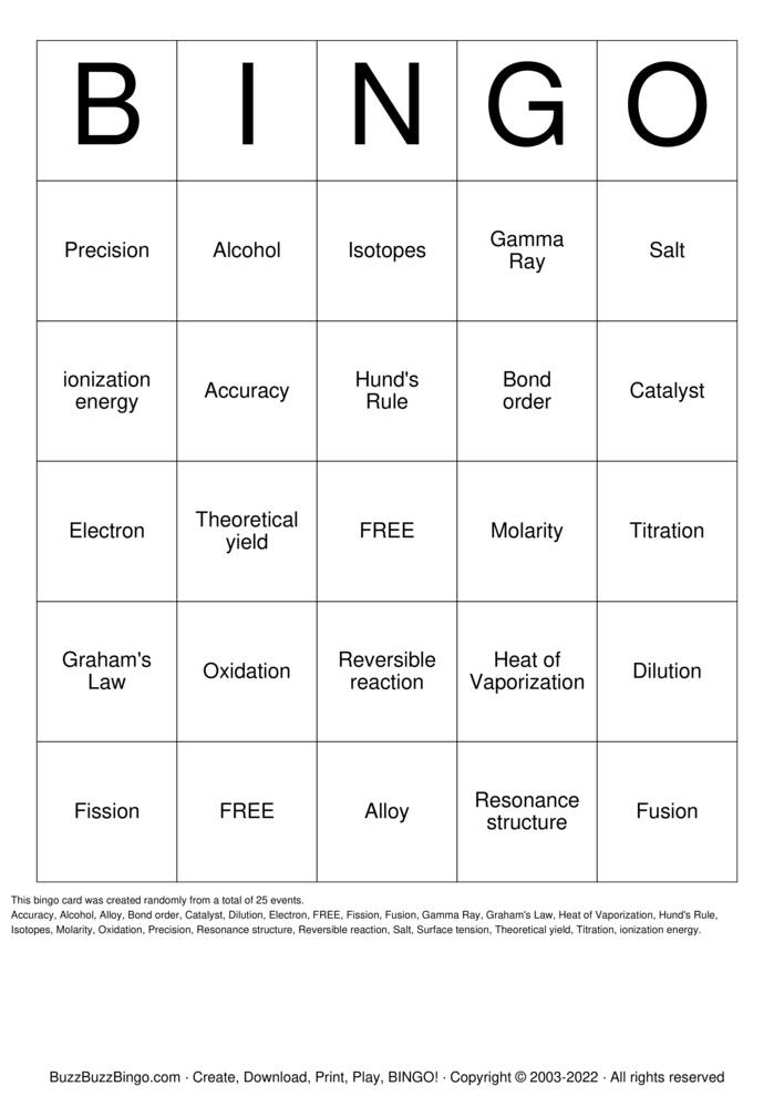 Chemistry Bingo Cards to Download, Print and Customize!