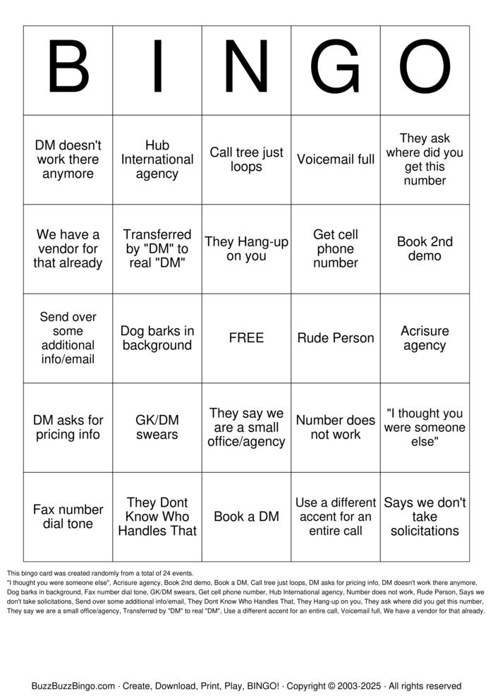 Cold Call Blitz Bingo Cards to Download, Print and Customize!