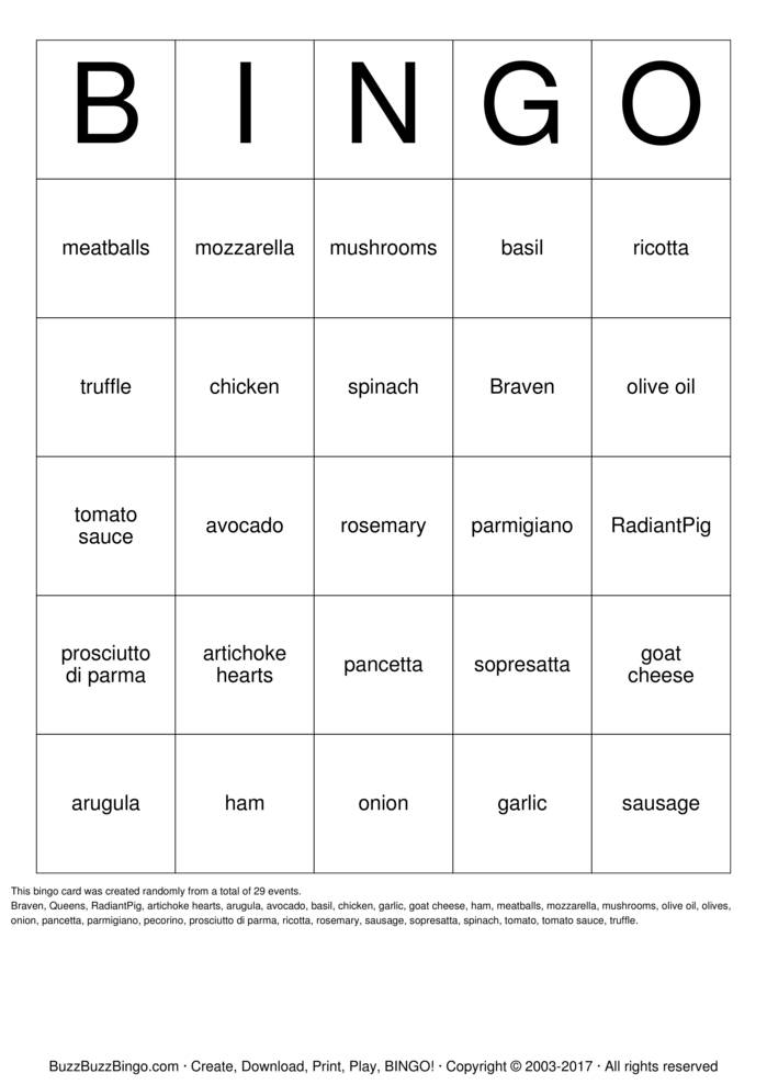 Jonathan's Pizza Bingo Bingo Cards to Download, Print and Customize!
