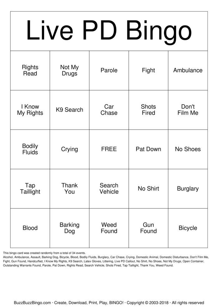 LIVE PD Bingo Cards to Download, Print and Customize!