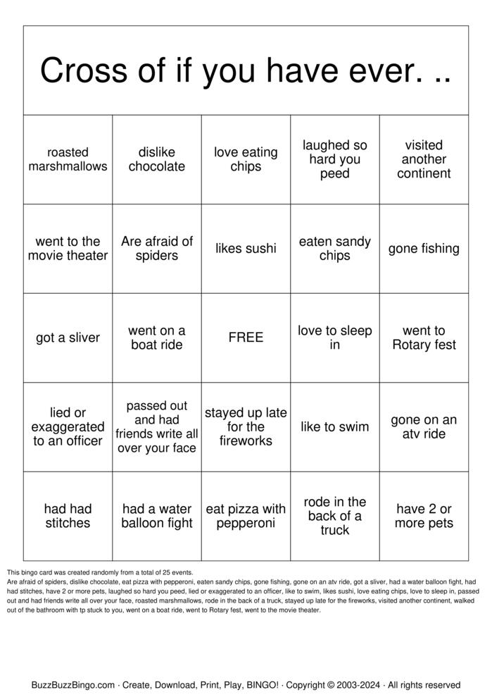 Life experiences bingo Bingo Cards to Download, Print and Customize!