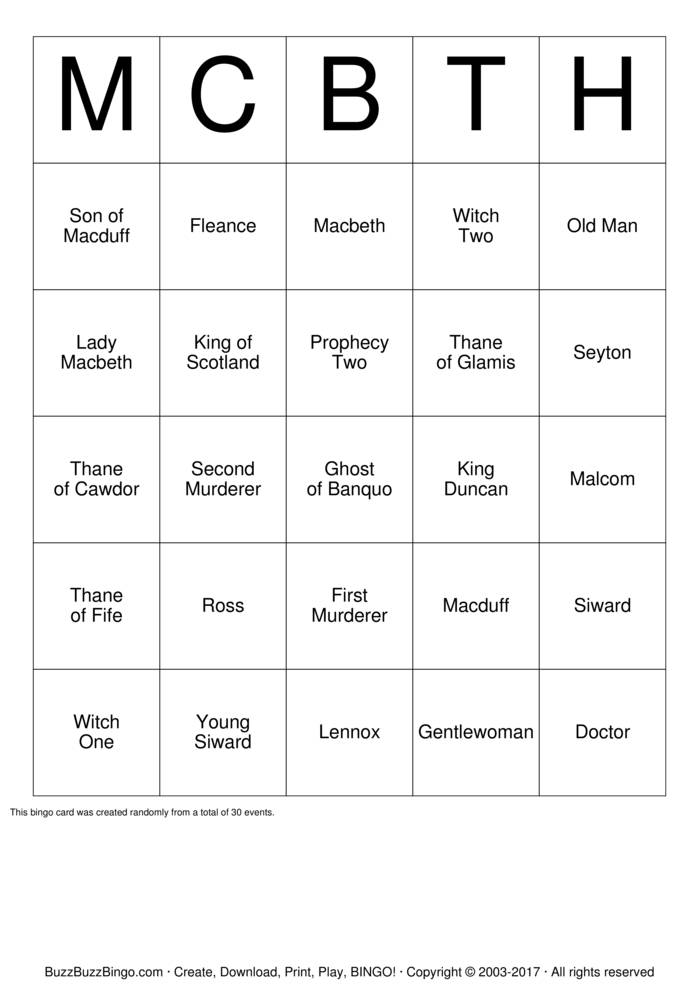 Macbeth Bingo Cards to Download, Print and Customize!