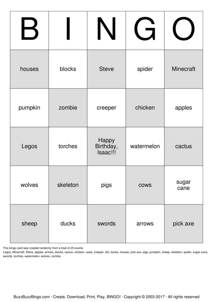 MineCraft Bingo Cards to Download, Print and Customize!