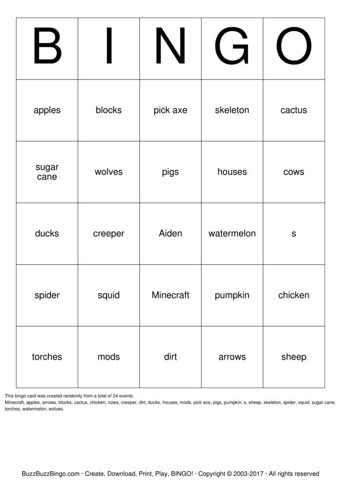 MineCraft Bingo Cards to Download, Print and Customize!