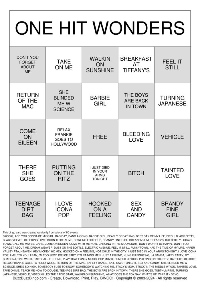 ONE HIT WONDERS Bingo Cards to Download, Print and Customize!