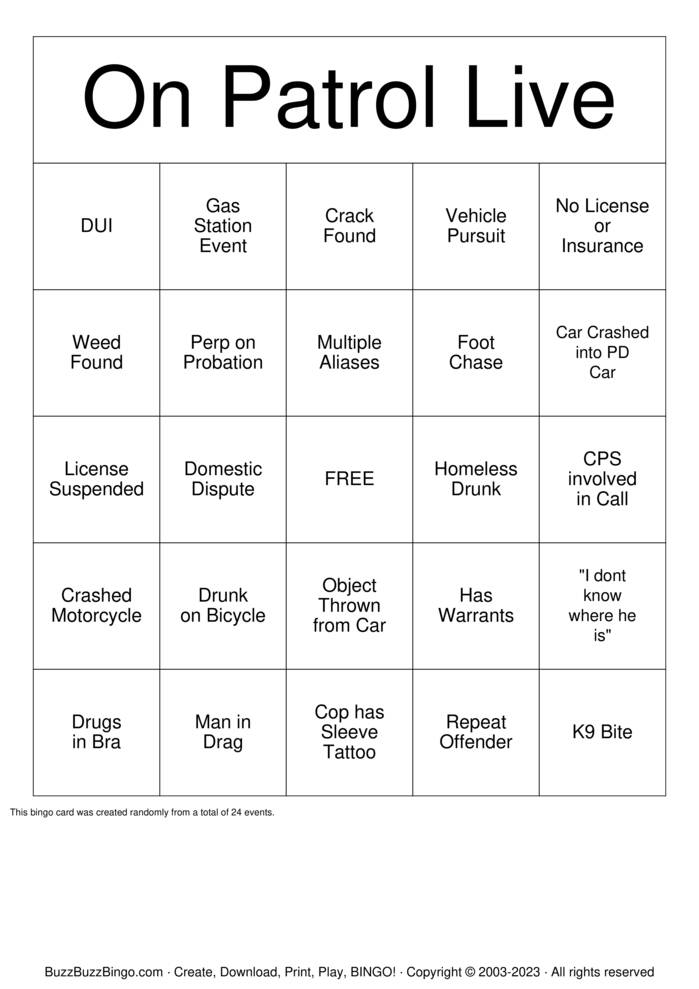 On Patrol Live Bingo Cards to Download, Print and Customize!