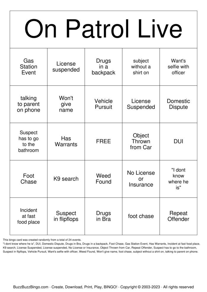 On Patrol Live Bingo Cards to Download, Print and Customize!