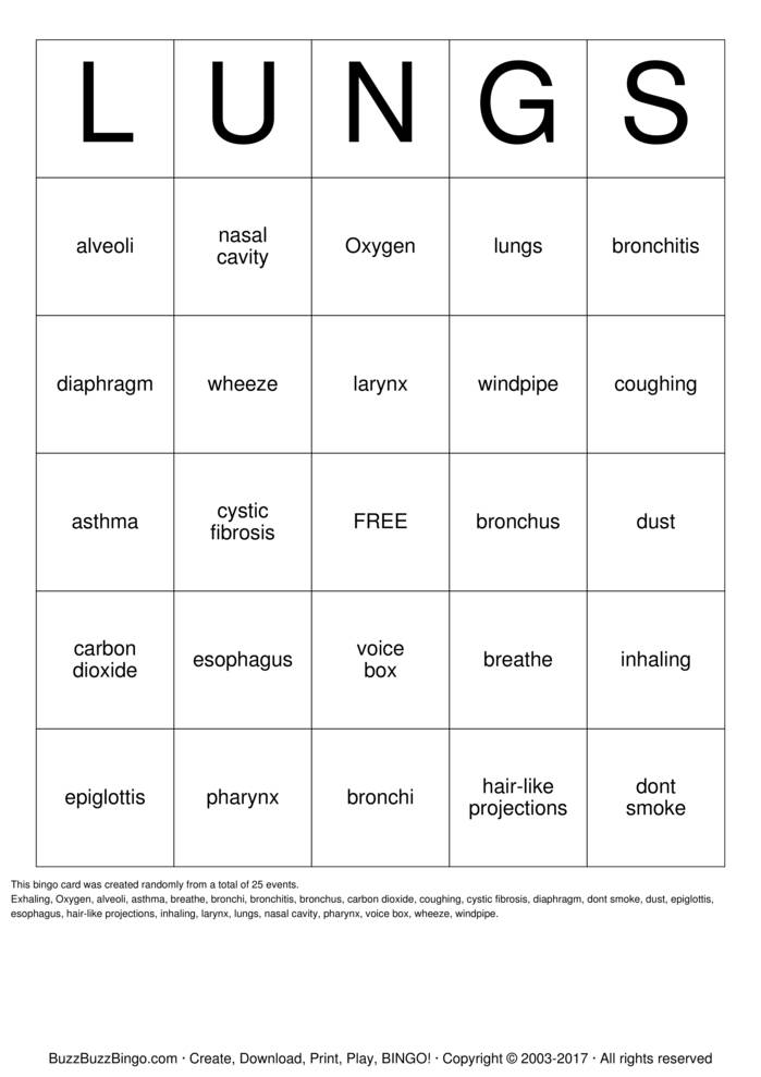 Respiratory System Bingo Cards to Download, Print and Customize!