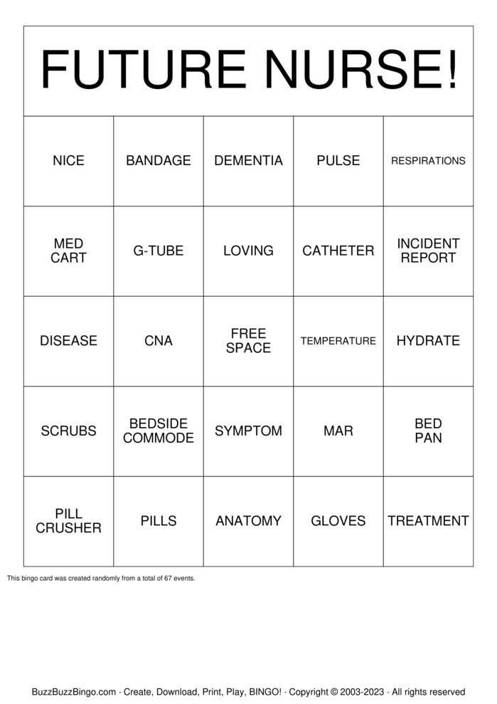 Student Nurse Bingo Cards to Download, Print and Customize!