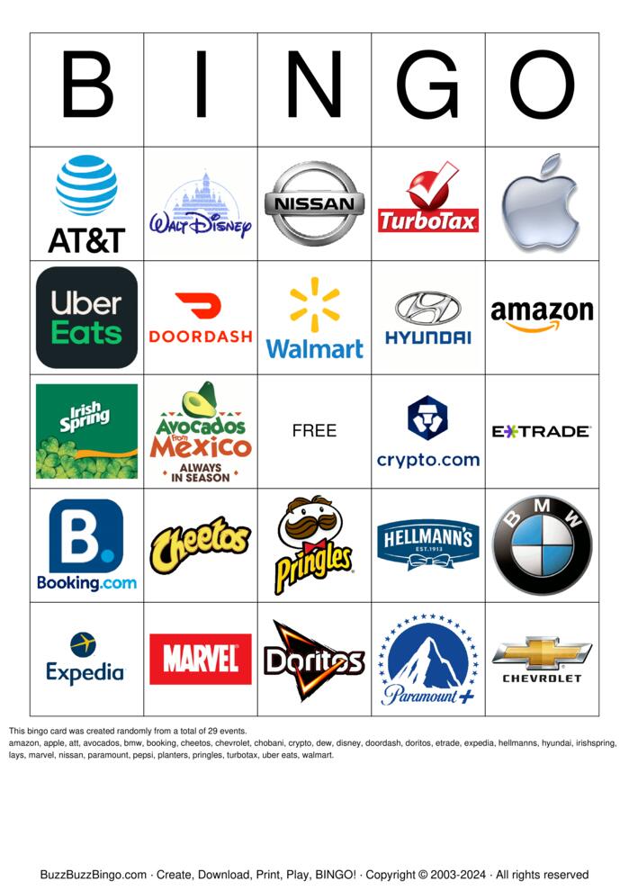 Superbowl Logos Bingo Cards to Download, Print and Customize!