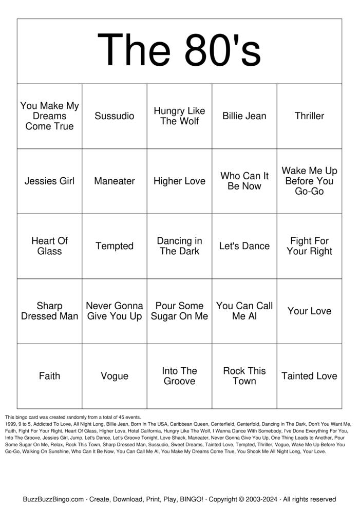 The 80's Bingo Cards to Download, Print and Customize!