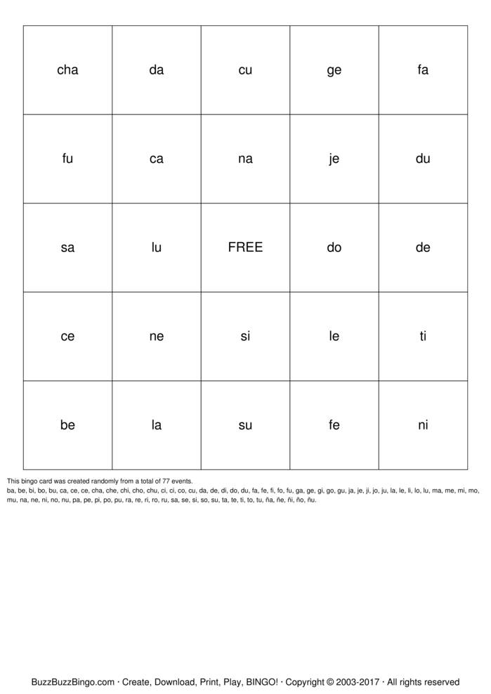 ga go gu gue gui Bingo Cards to Download, Print and Customize!