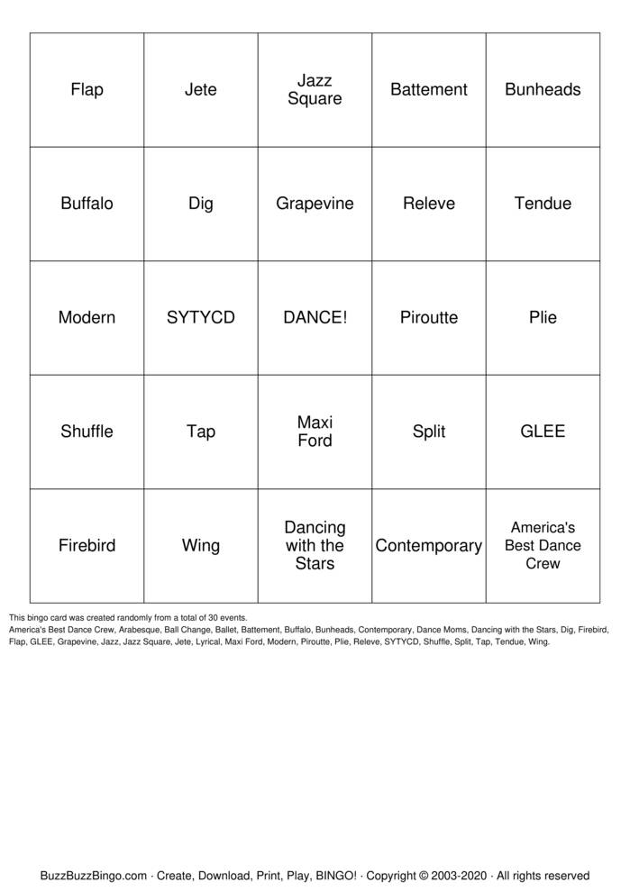 DANCE Bingo Cards to Download, Print and Customize!