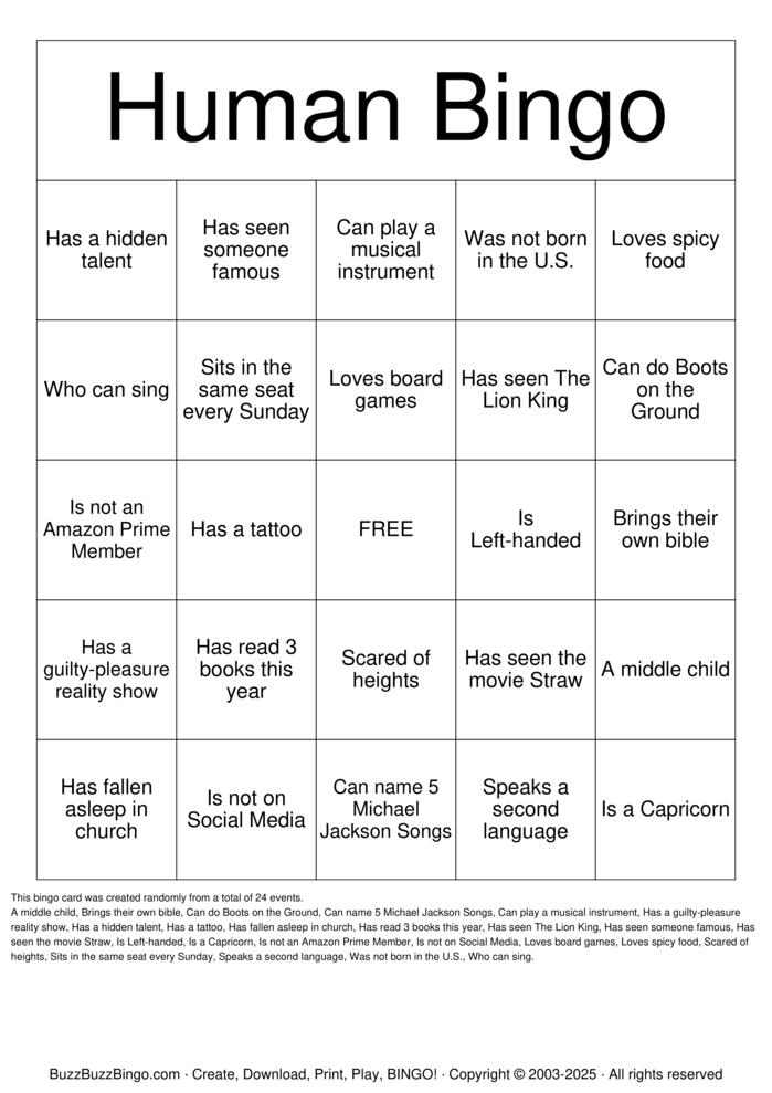 HUMAN BINGO Bingo Cards to Download, Print and Customize!