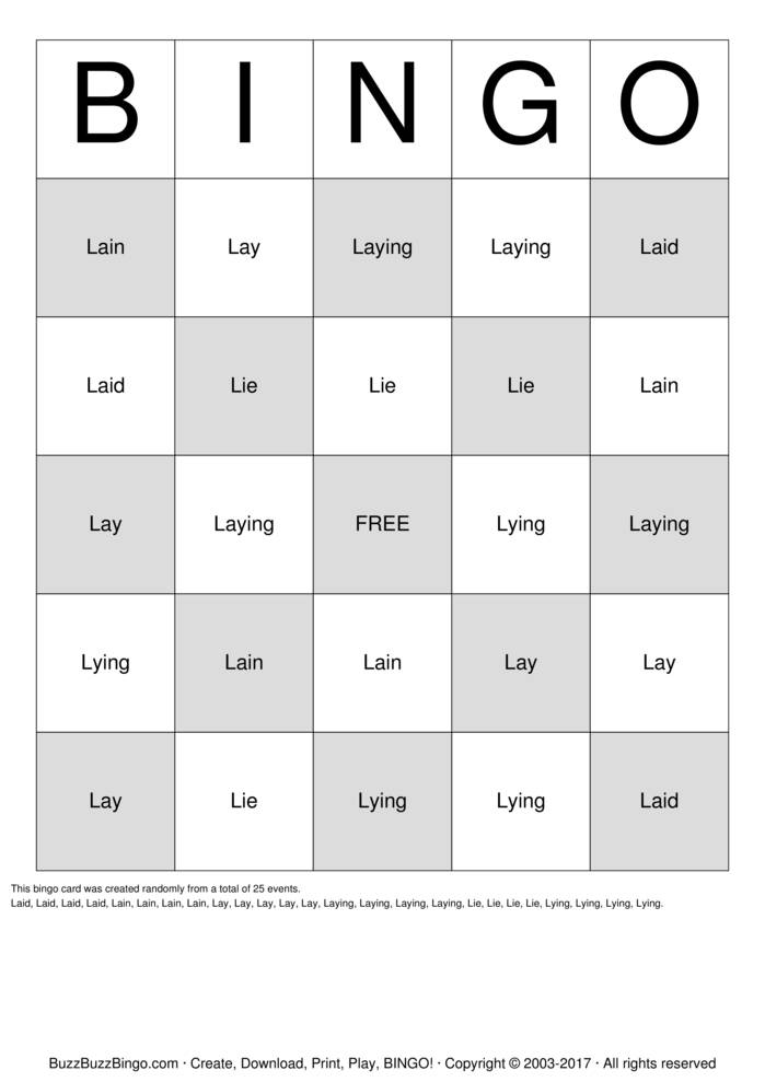 Lie/Lay/Lain Bingo Cards to Download, Print and Customize!