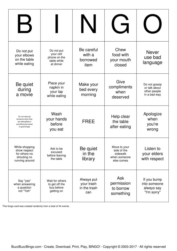 Manners Bingo Cards to Download, Print and Customize!