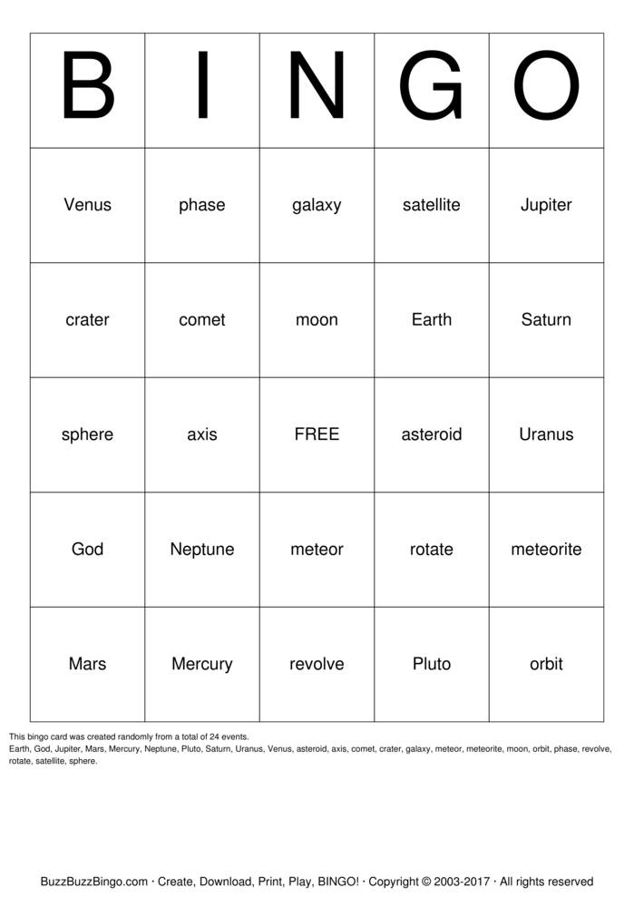 Outer Space Bingo Cards to Download, Print and Customize!