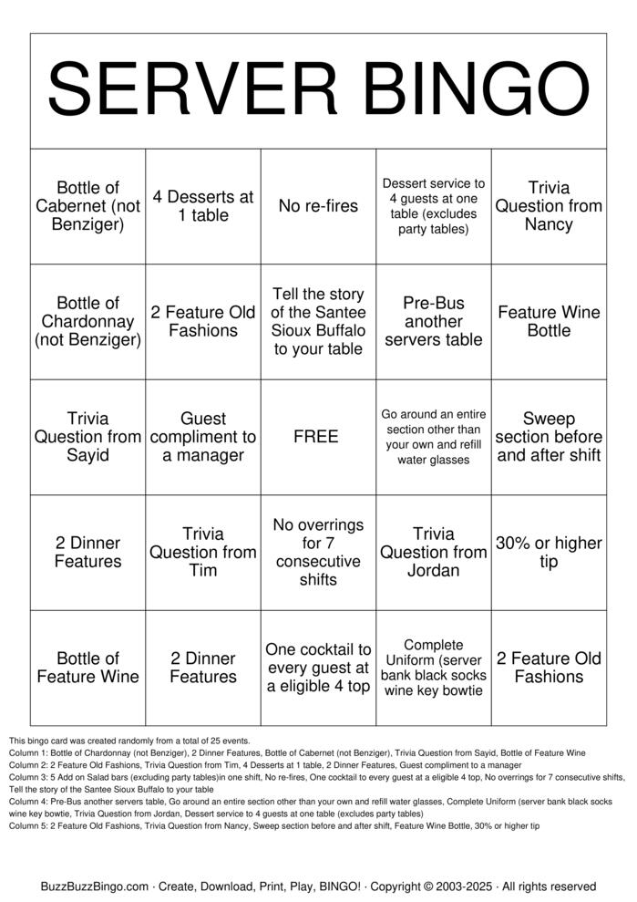 SERVER BINGO Bingo Cards to Download, Print and Customize!
