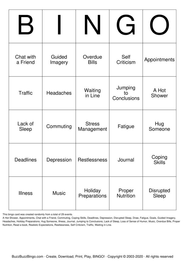 STRESS BINGO Bingo Cards to Download, Print and Customize!