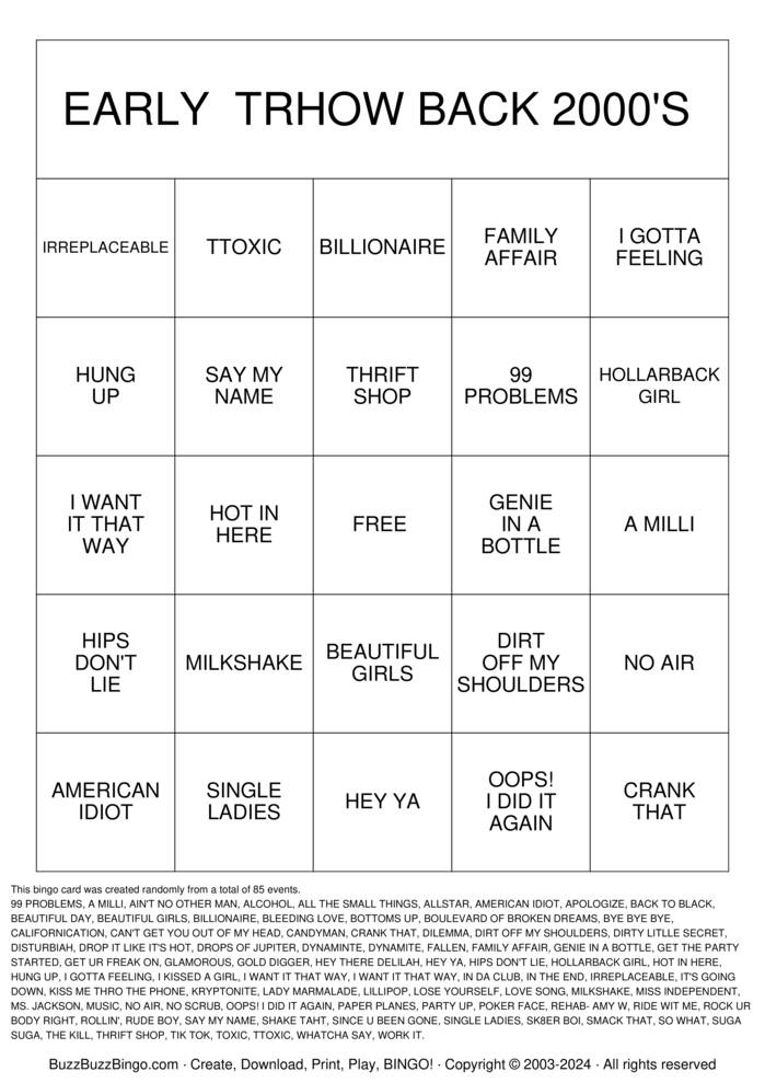 THROW BACK EARLY 2000 Bingo Cards to Download, Print and Customize!