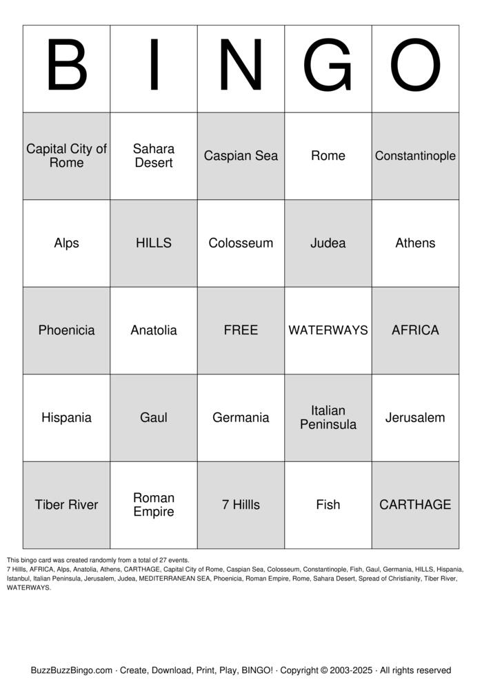Ancient Rome Geography Bingo Cards to Download, Print and Customize!