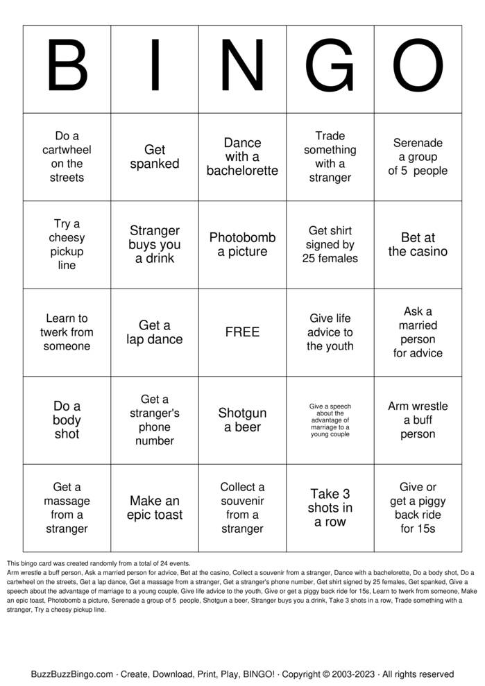 Bachelor Party Bingo Cards to Download, Print and Customize!