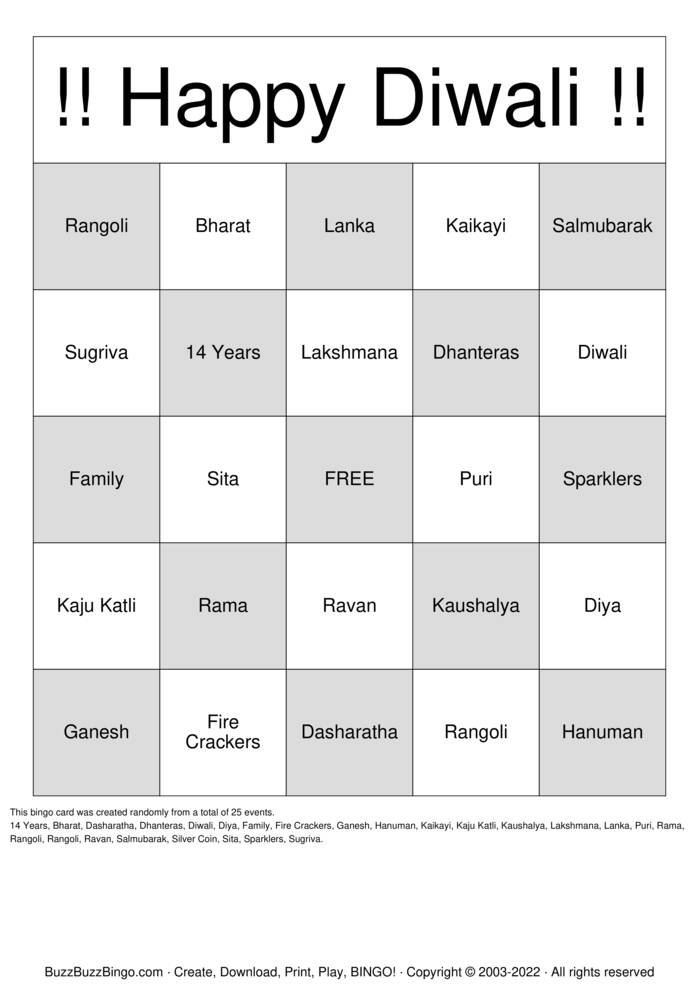 Diwali Bingo Bingo Cards to Download, Print and Customize!