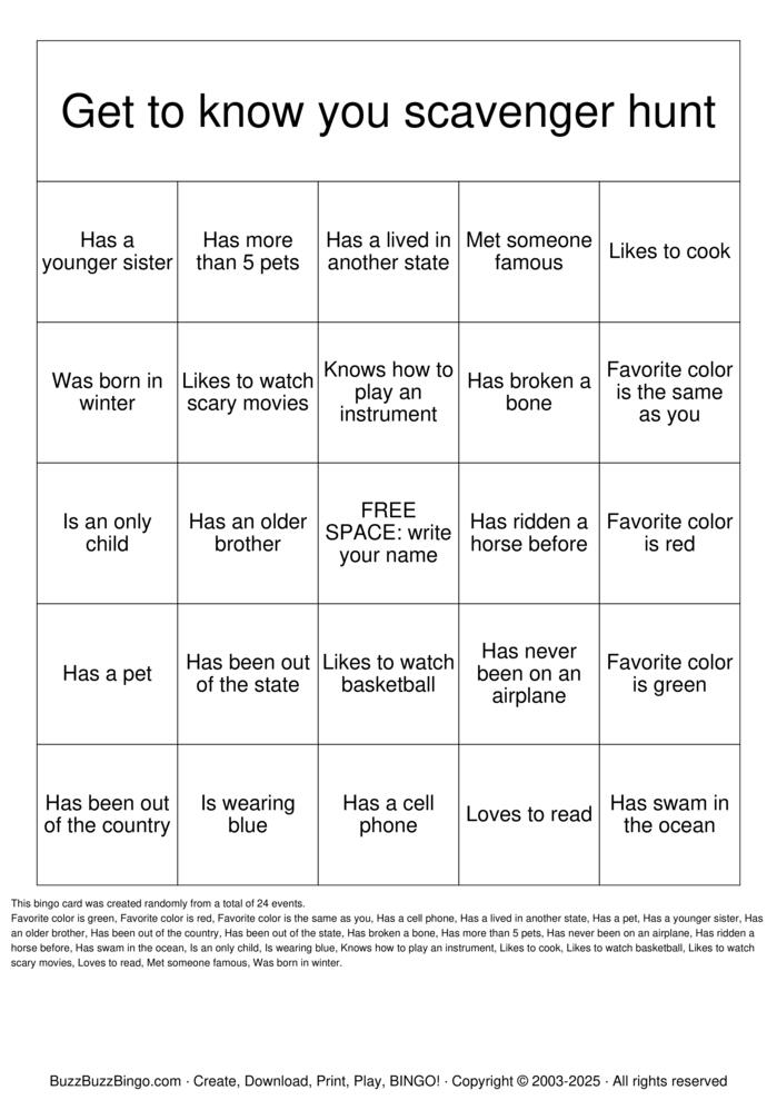 Human Scavenger Hunt Bingo Cards to Download, Print and Customize!