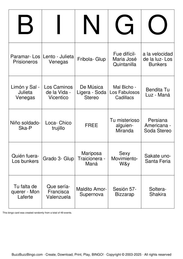 Latin Rock Music Bingo Cards to Download, Print and Customize!