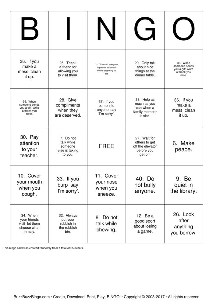 Manners Bingo Cards to Download, Print and Customize!