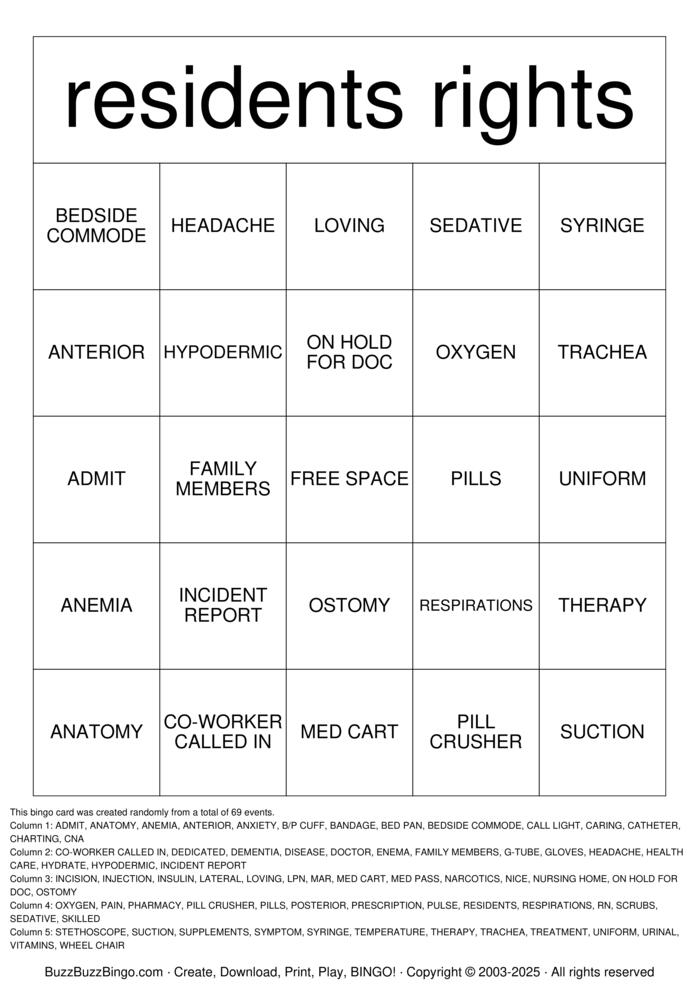 Resident Rights Bingo Cards to Download, Print and Customize!