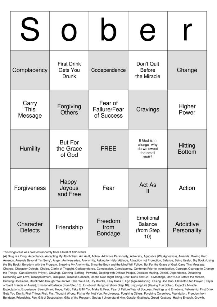 Sobriety Bingo Cards to Download, Print and Customize!