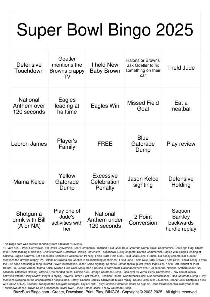 Super Bowl 2025 Bingo Cards to Download, Print and Customize!