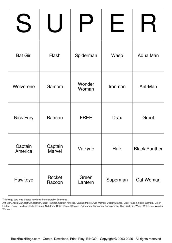 Super Heroes Bingo Cards to Download, Print and Customize!